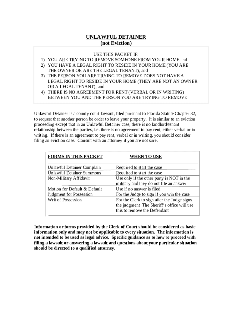 UNLAWFUL DETAINER (not Eviction) - PASCOCLERK.COM Doc Template | pdfFiller