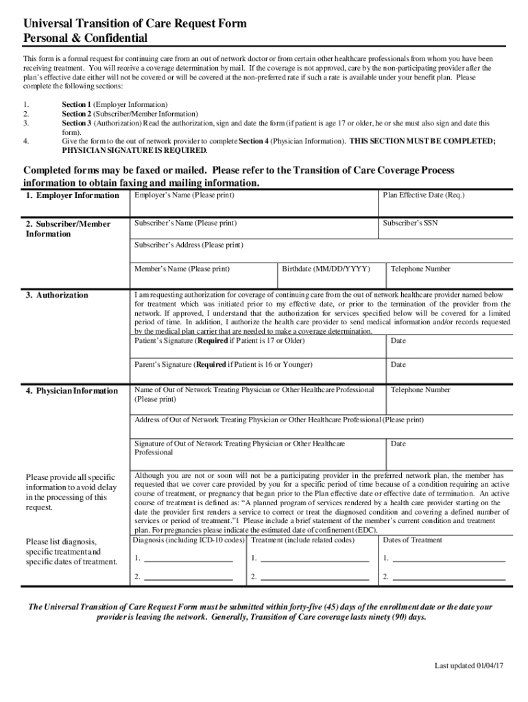 Fillable Online Universal Transition of Care Request Form Personal ...