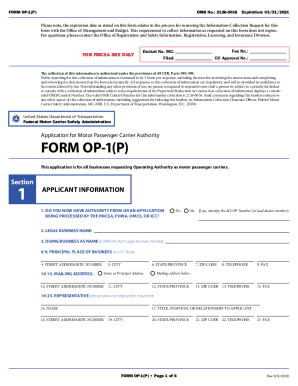 Fillable Online FMCSA Form OP-1(P). Application for Motor Passenger ...