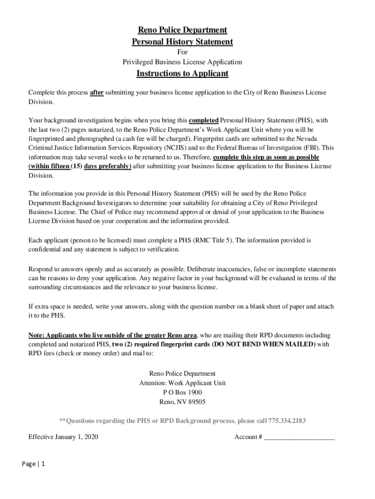 Fillable Online Reno Police Department Personal History Statement ...