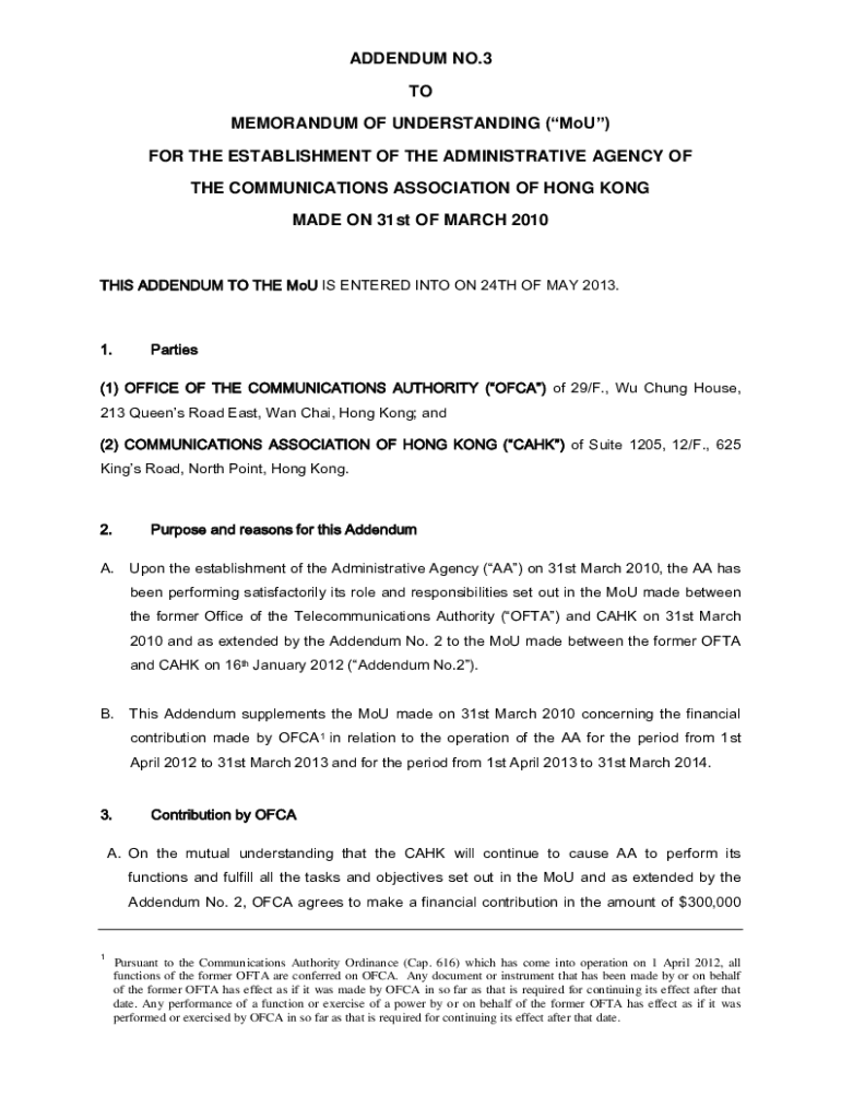 Fillable Online ADDENDUM NO.3 TO MEMORANDUM OF UNDERSTANDING (MoU) Fax ...