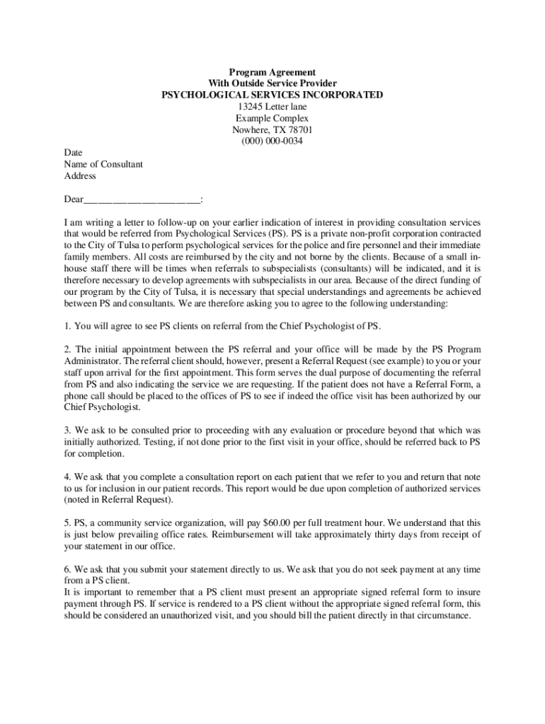 Fillable Online Program Agreement With Outside Service Provider ... Fax ...