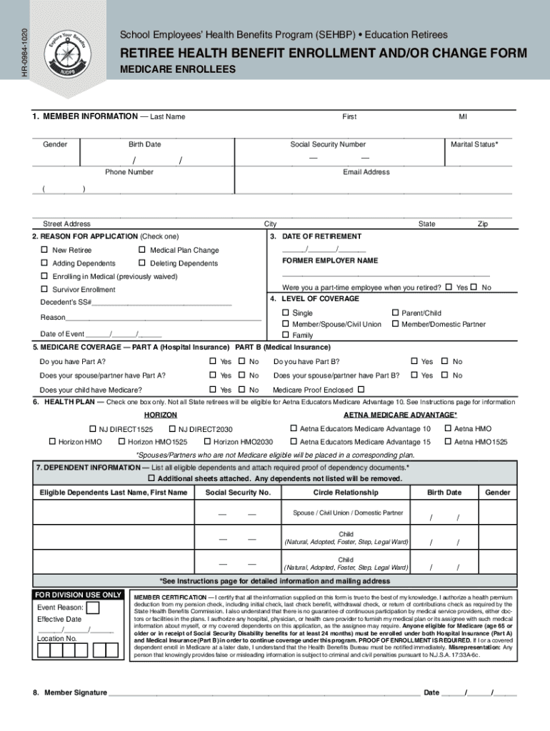 Fillable Online hr0984. Retiree Health Benefit Enrollment And/Or Change ...