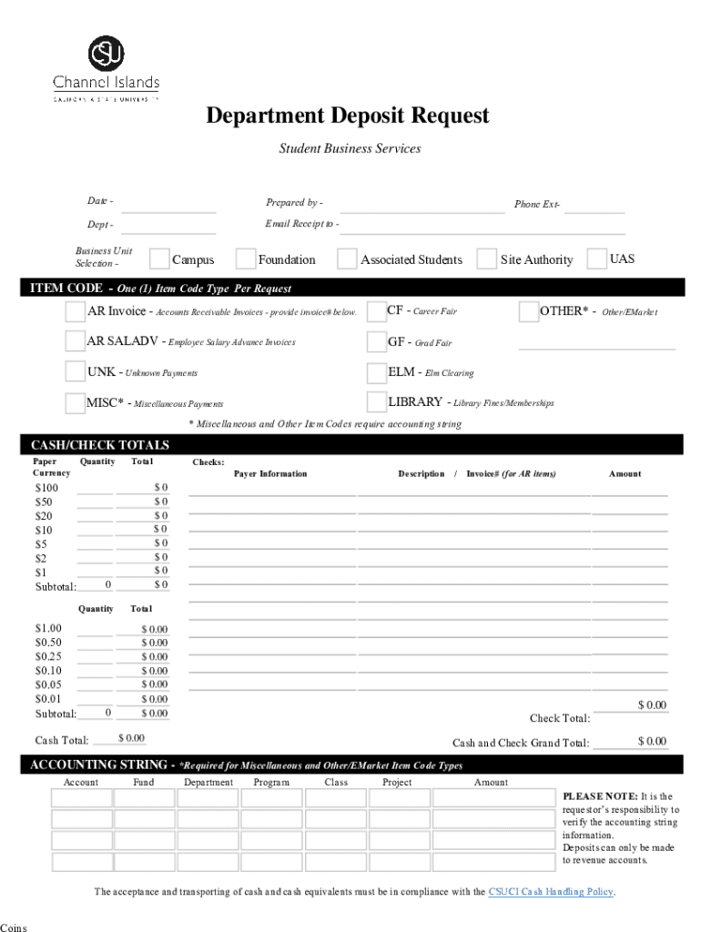 Fillable Online Department Deposit Request Form. Department Deposit ...