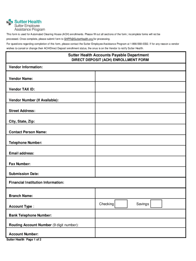 Fillable Online Sutter Health Accounts Payable Department DIRECT ...