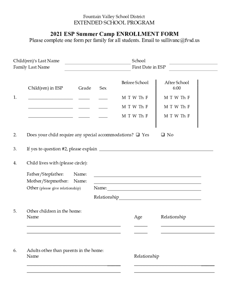 Fillable Online 1999/2000 ENROLLMENT FORM - ESP After School Childcare ...