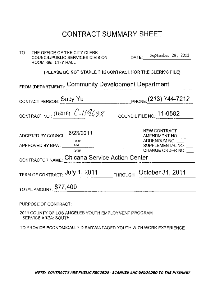 Fillable Online CONTRACT SUMMARY SHEET TO : THE OFFICE OF THE CITY ...