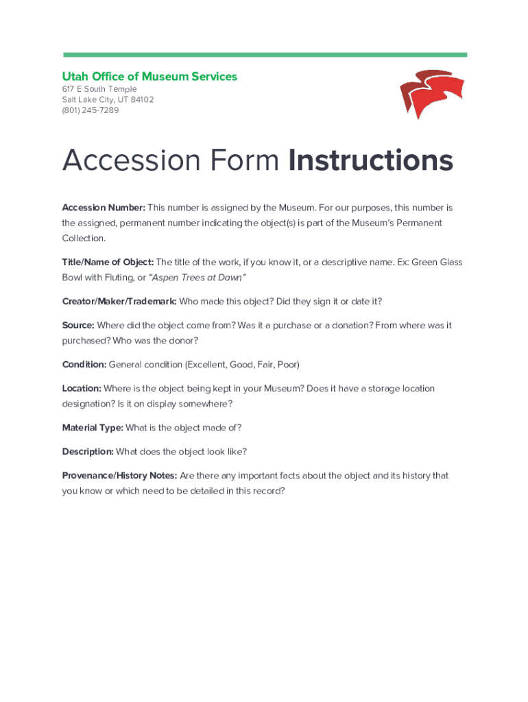 Fillable Online artsandmuseums utah Accession Form Checklist ...