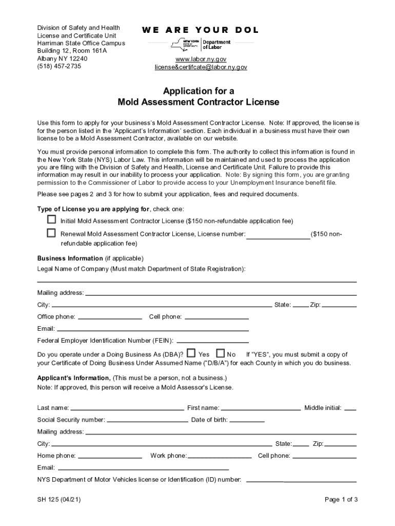 Fillable Online Application for a Mold Assessment Contractor License (SH 125) Fax Email Print ...