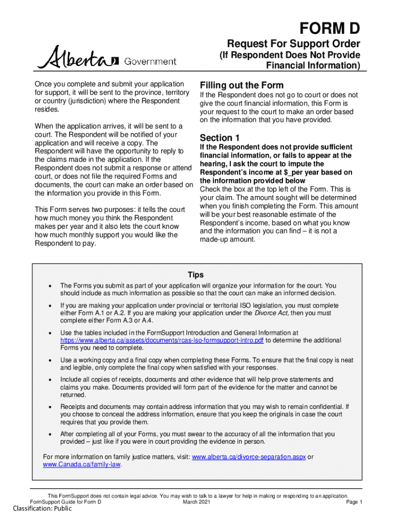 Fillable Online FORM D Request For Support Order (If Respondent Does ...