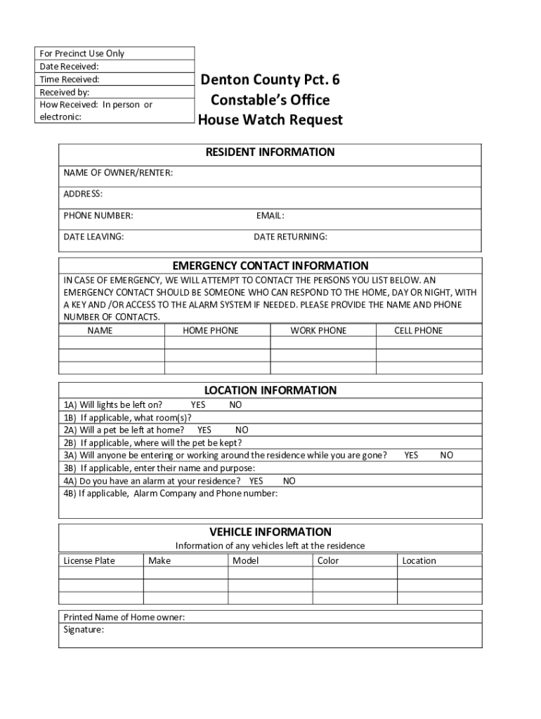 Fillable Online Denton County Pct. 6 Constable's Office House Watch Request Fax Email Print ...