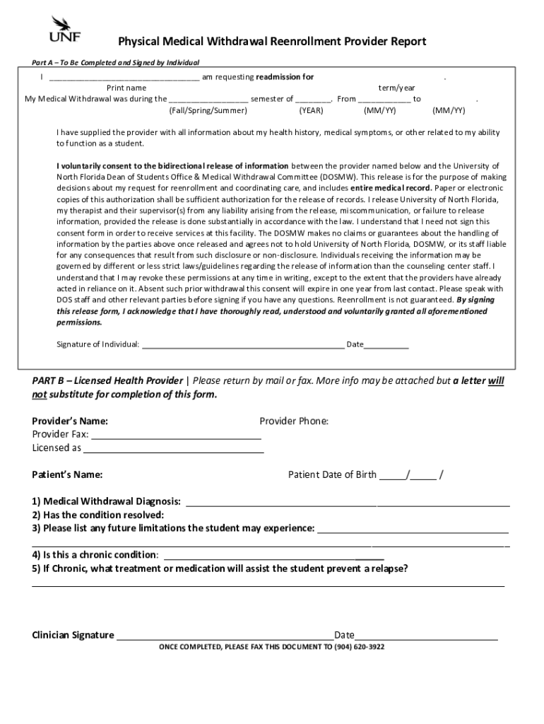 Fillable Online Physical Health Medical Withdrawal Re-enrollment Form ...