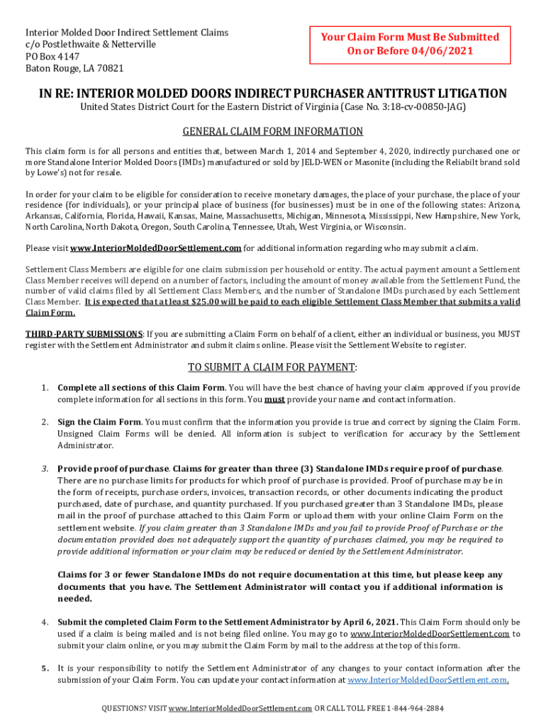 Fillable Online Interior Molded Doors Antitrust Litigation- Paper Claim ...