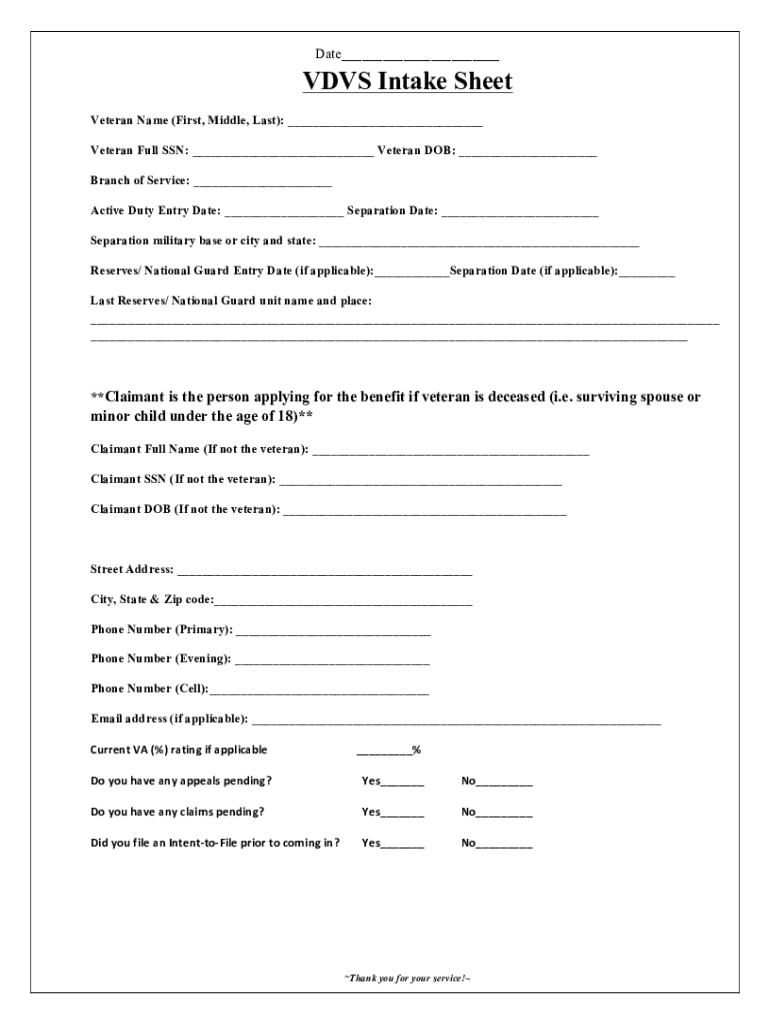 Fillable Online Date VDVS Intake Sheet - Virginia Department of ...