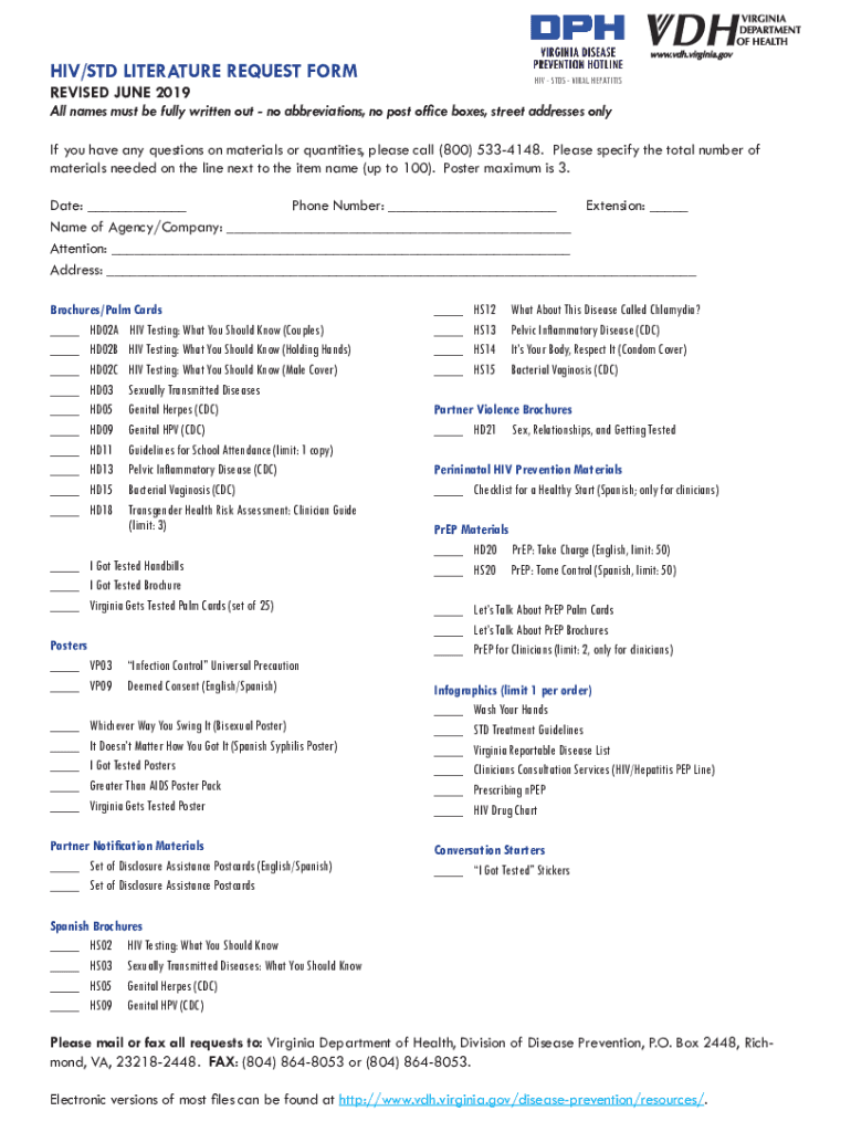 Fillable Online HIV/STD LITERATURE REQUEST FORM REVISED JUNE 2019 Fax ...