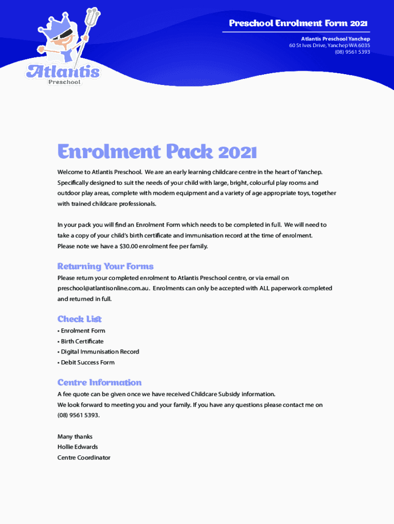 Fillable Online Atlantis Enrolment Form Preschool 2021 Fax Email Print ...