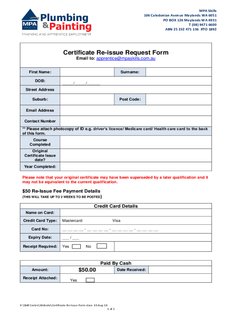 Fillable Online Certificate Re-issue Request Form - MPA Skills Fax ...