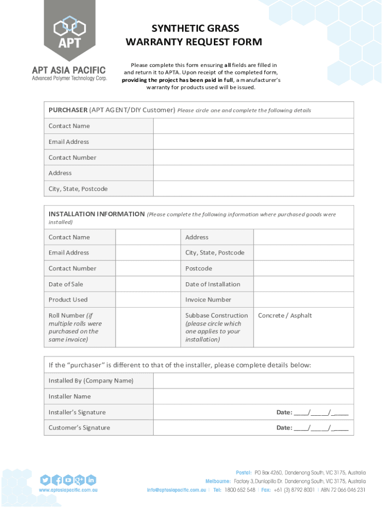Fillable Online SYNTHETIC GRASS WARRANTY REQUEST FORM Fax Email Print ...