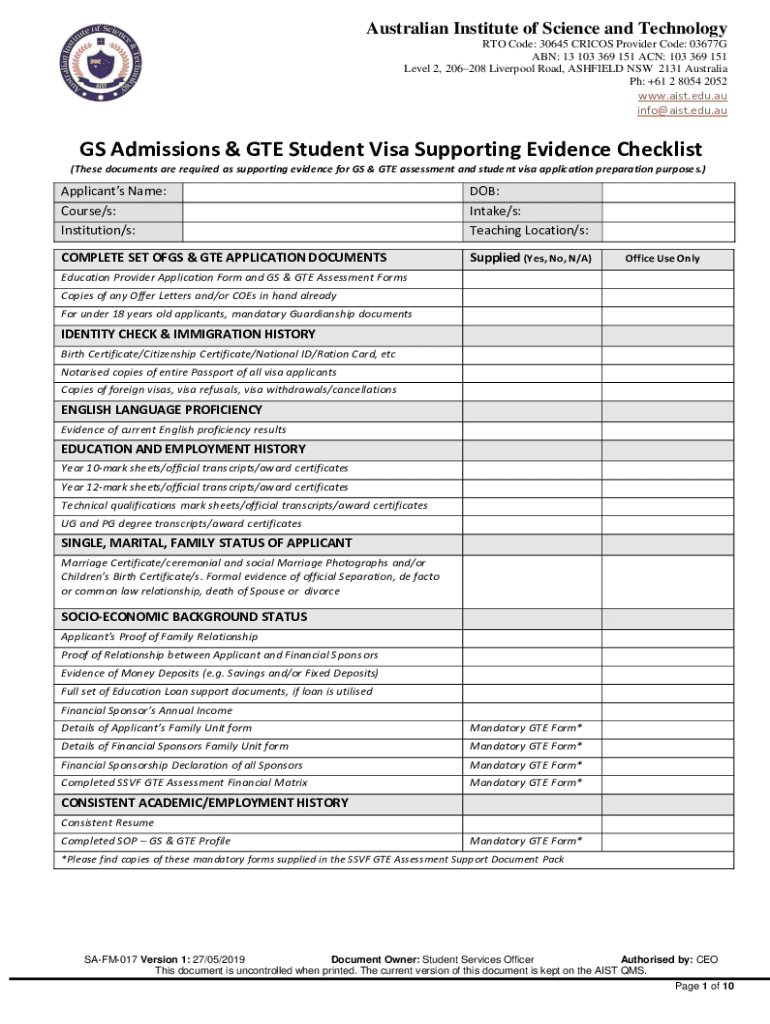 Fillable Online GS Admissions & GTE Student Visa Supporting ... - aist ...