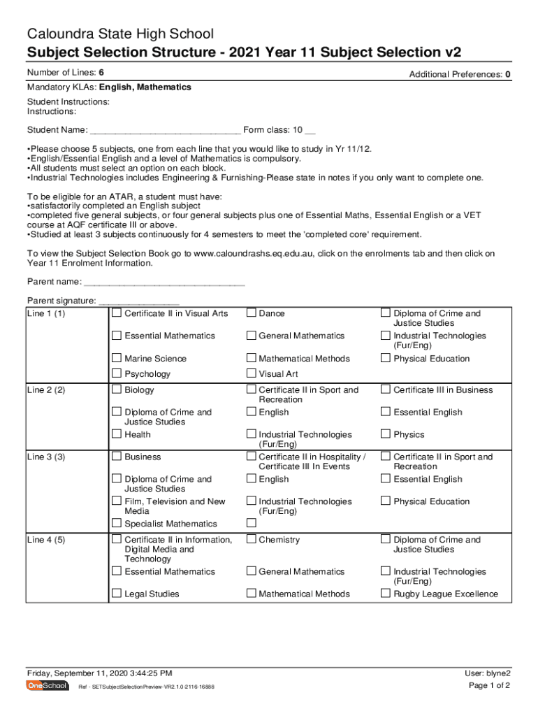 Fillable Online caloundrashs eq edu Caloundra State High School Subject Selection Structure ...