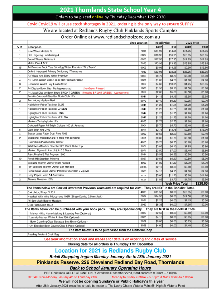 Fillable Online thornlandsss eq edu 2021 Thornlands State School Year 4 ...