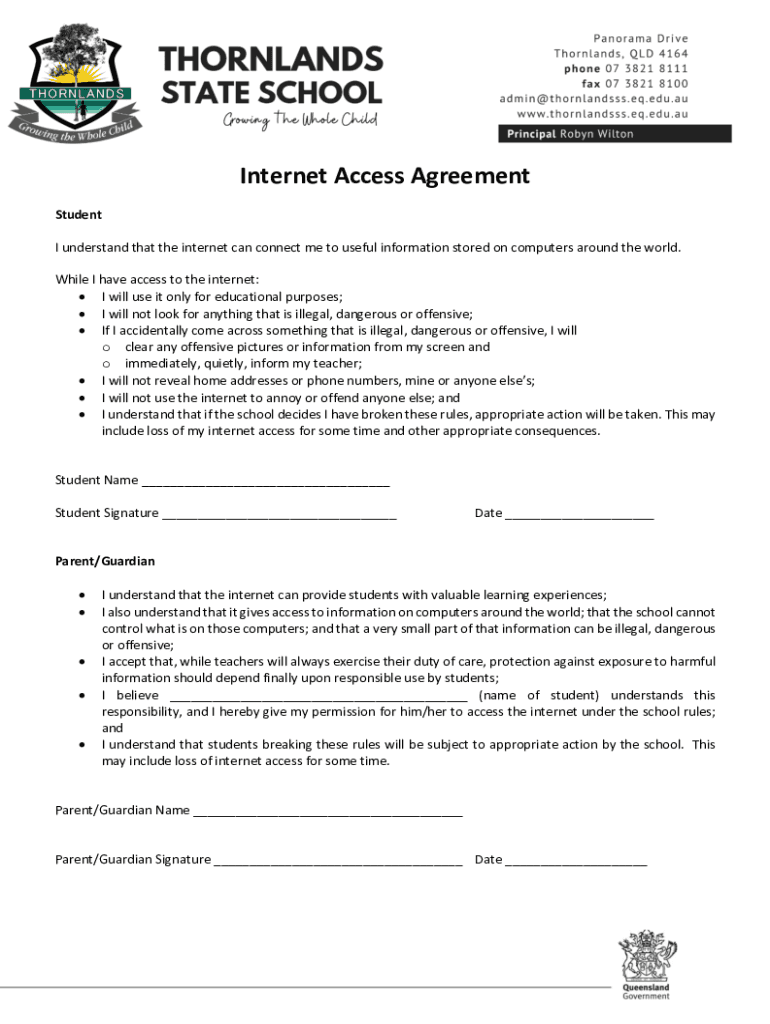 Fillable Online thornlandsss eq edu Enrolment Internet and Email Access ...