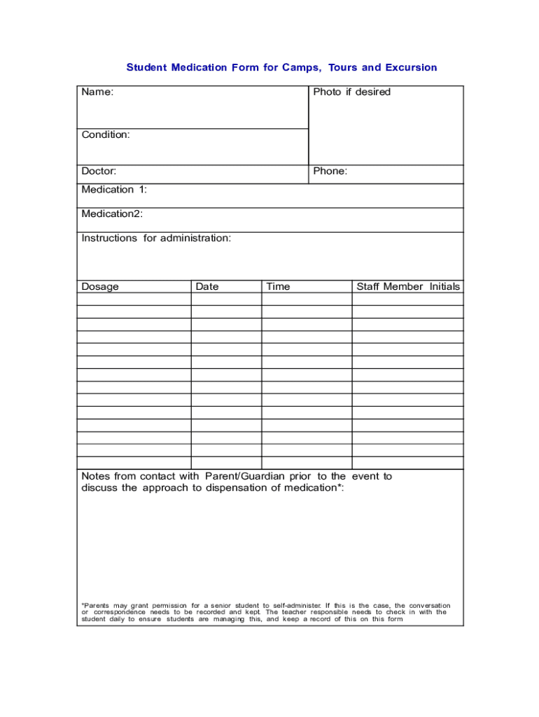 Fillable Online Student Medication Form for Camps, Tours and Excursion ...