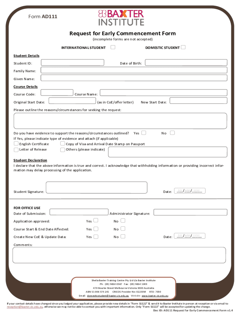 Fillable Online AD111Request for Early Commencement Formv1.4.pub Fax ...