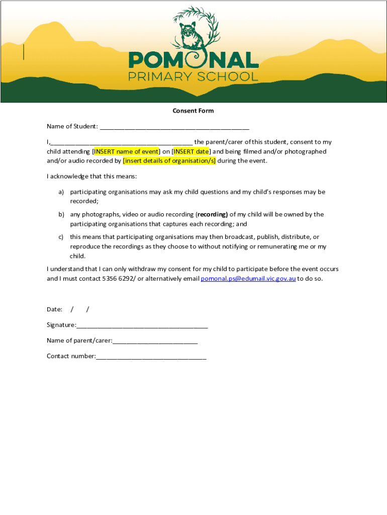Fillable Online Excursion Parent or caregiver information and consent ...