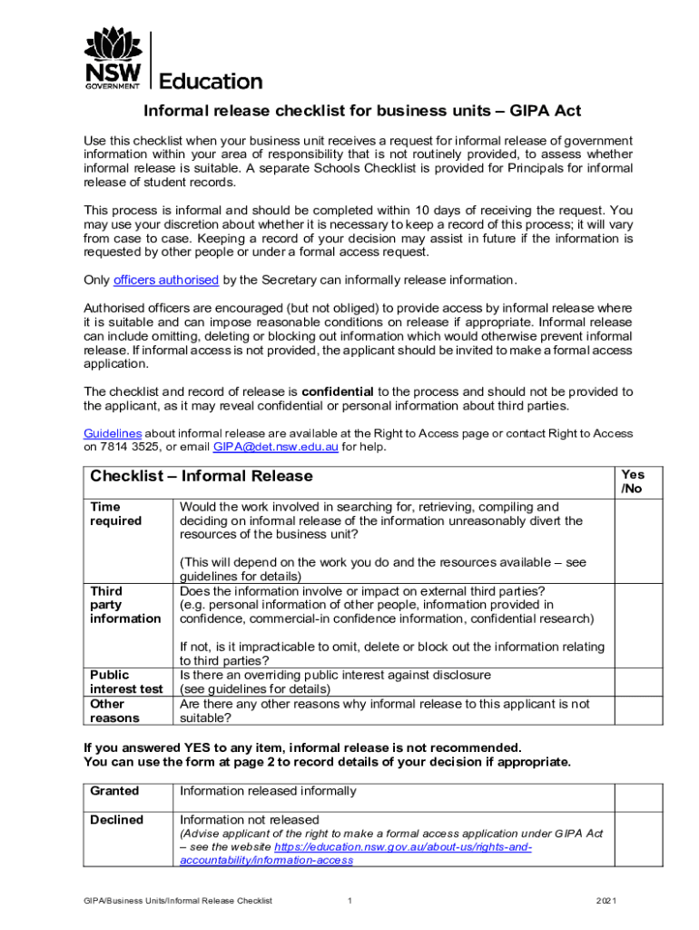 Fillable Online Informal release checklist for business areas GIPA Act ...