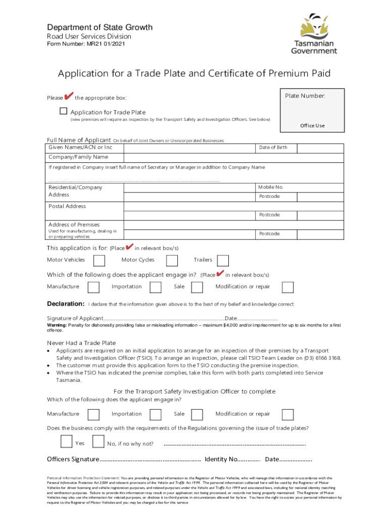 Fillable Online Vehicle Trade Plates - TAS - Australian Business ...
