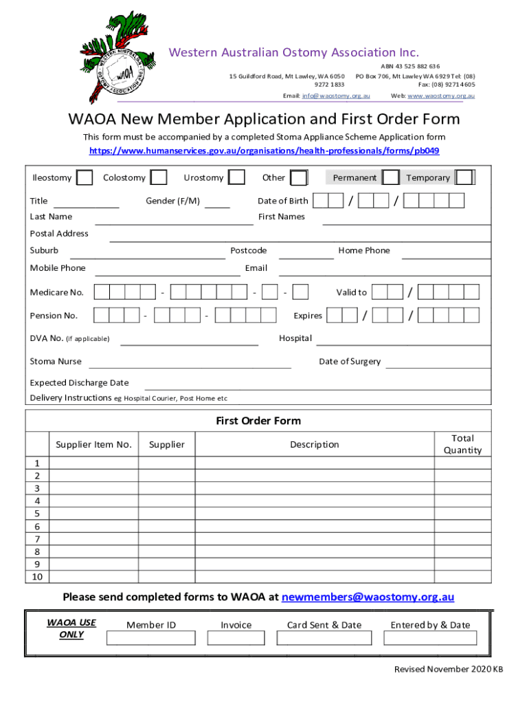 Fillable Online WAOA Monthly appliance order form - waostomy.org.au Fax ...