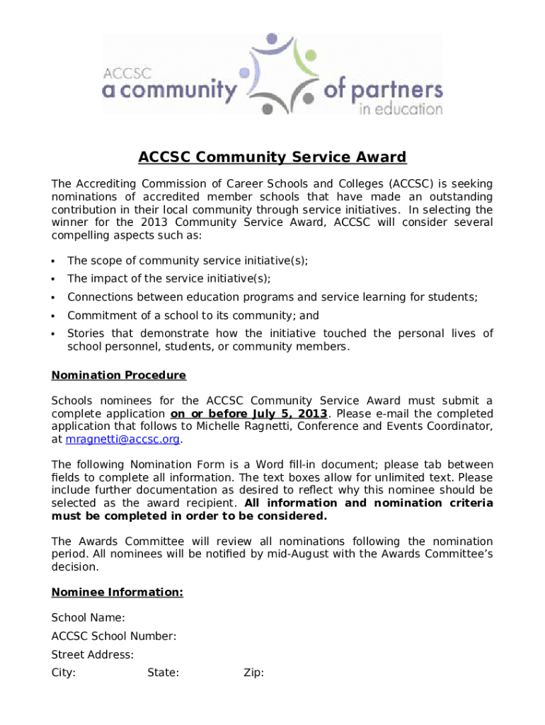 ACCSC Community Service Award Doc Template | pdfFiller