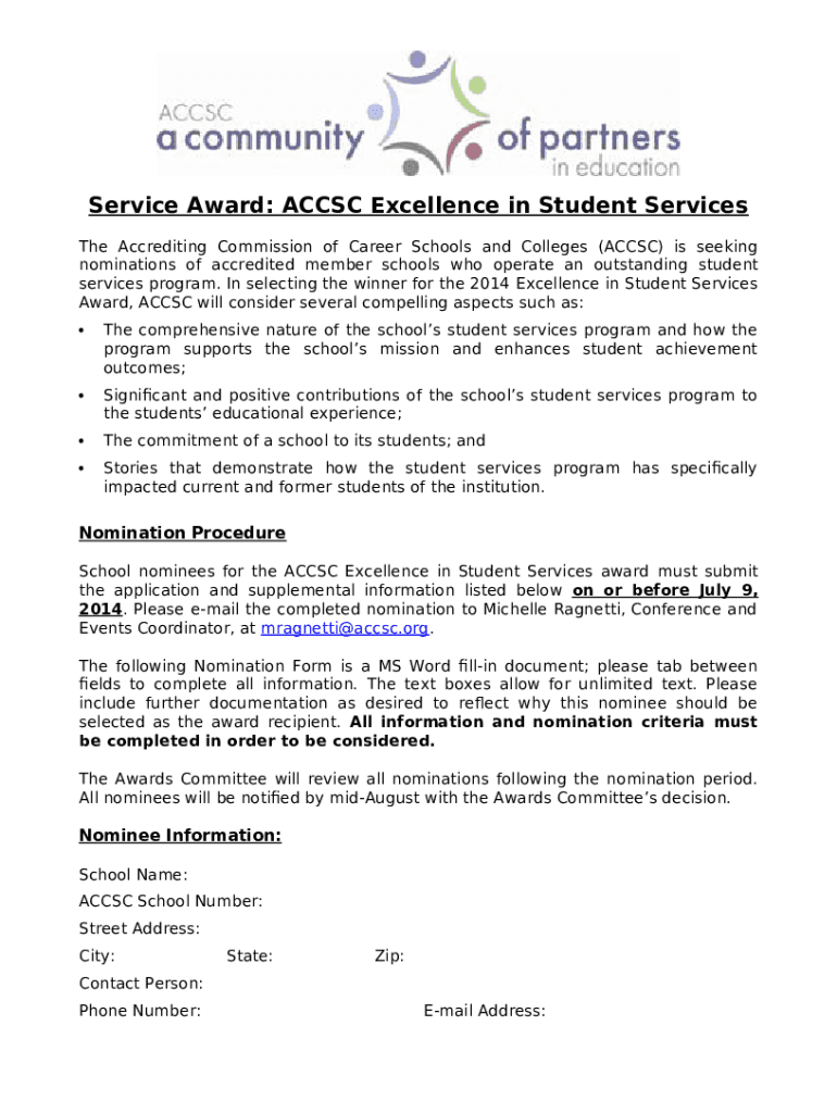 Service Award: ACCSC Excellence in Student Services Doc Template ...