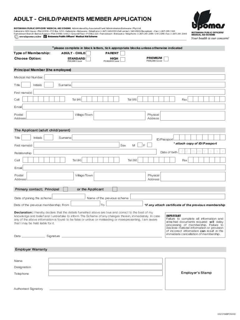 Fillable Online bpomas co ADULT - CHILD/PARENTS MEMBER APPLICATION Fax ...