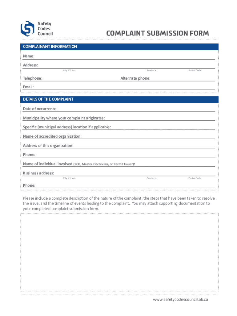 Fillable Online COMPLAINT SUBMISSION FORM - ebs.safetycodes.ab.ca Fax ...