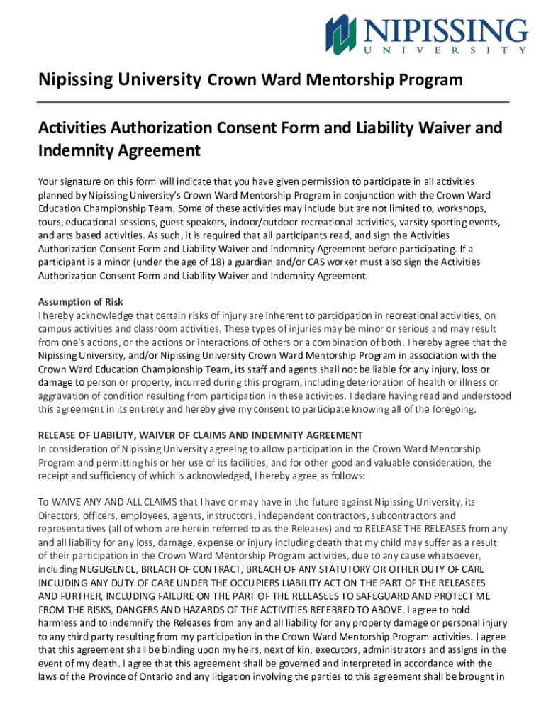 Fillable Online Activities Authorization Consent Form and Waiver. Crown Ward Mentorship Consent ...
