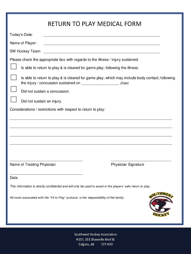 Fillable Online RETURN TO PLAY MEDICAL FORM - Southwest Hockey Fax ...