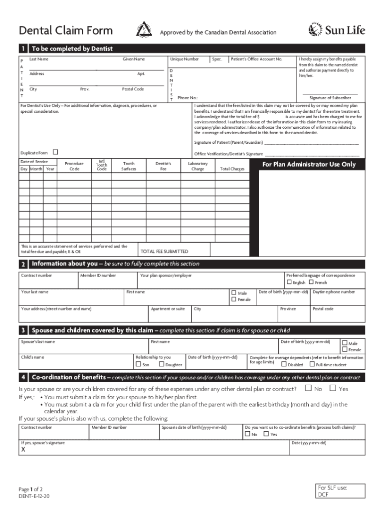 2020 2024 Canada Sun Life Financial Dental Claim Form Fill Online