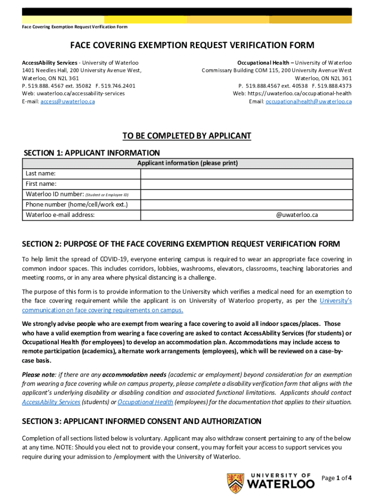 Fillable Online FACE COVERING EXEMPTION REQUEST VERIFICATION FORM Fax ...