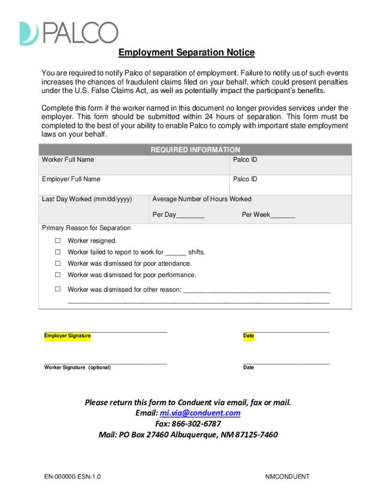 Fillable Online Employment Separation Notice - PALCO Fax Email Print - pdfFiller