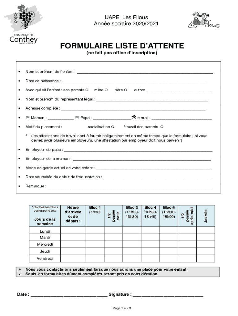 Remplissable En Ligne Formulaire liste d'attenteUAPE Les Filous Fax ...