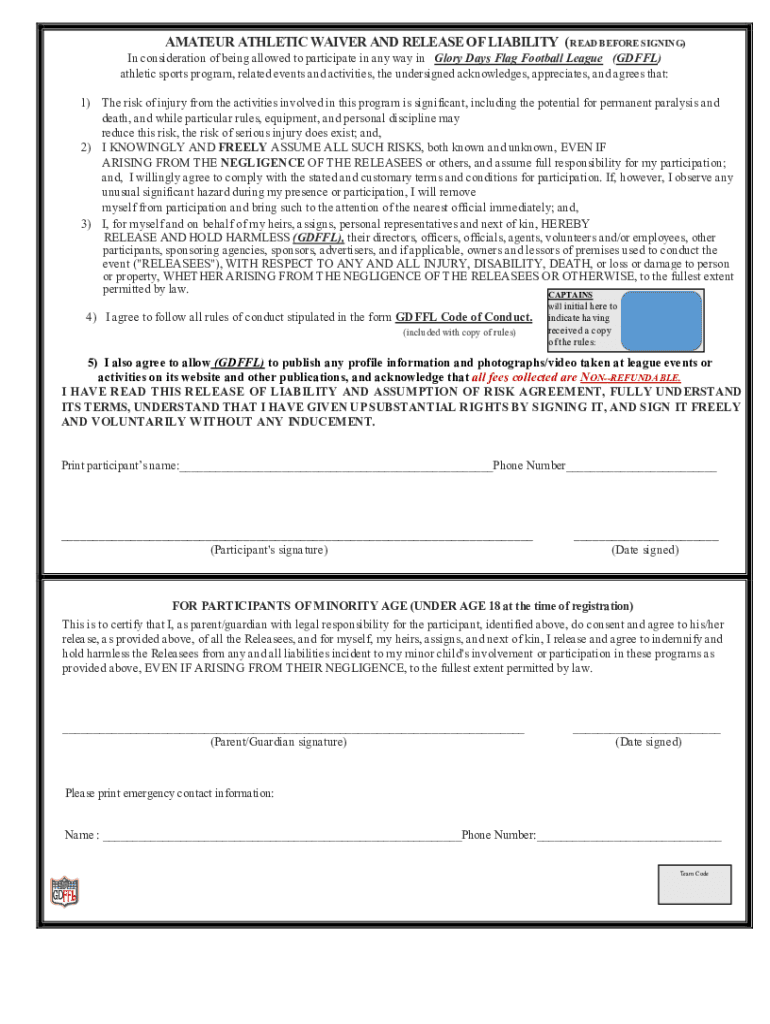 Fillable Online AMATEUR ATHLETIC WAIVER AND RELEASE OF LIABILITY ( READ ...