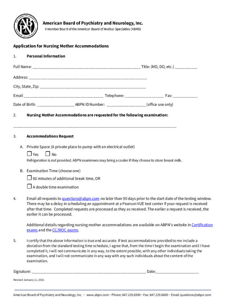 Fillable Online ABPN Application for Nursing Mothers Accommodations ...