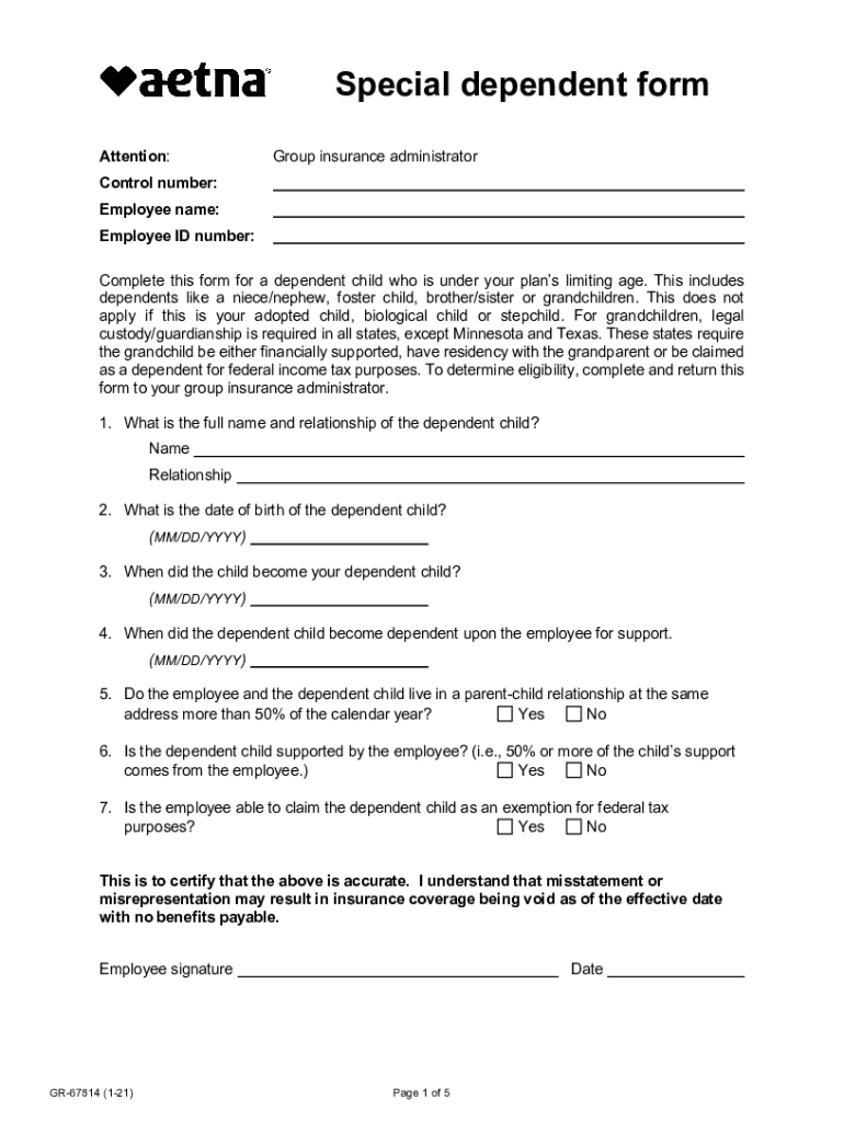 Fillable Online Aetna - Special dependent form. Accessible PDF - Aetna ...