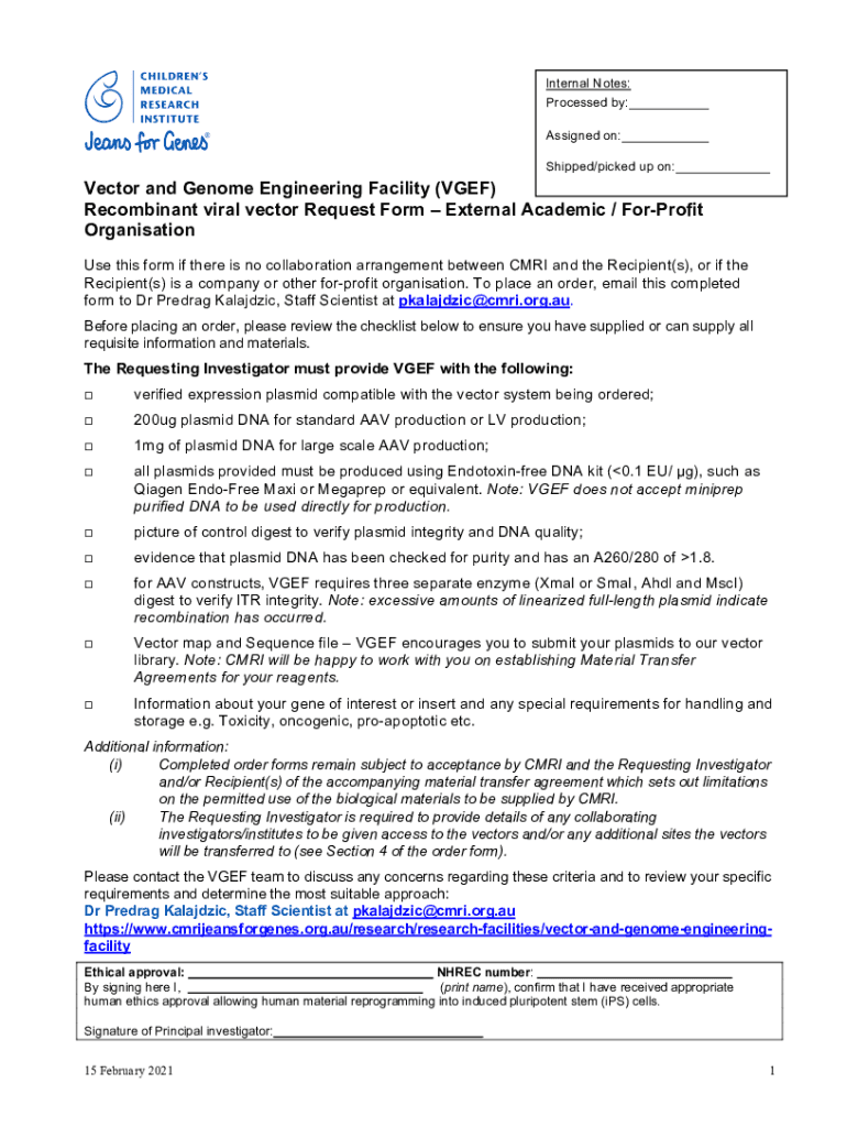 Fillable Online VGEF Recombinant Viral Vector Order Form - External ...