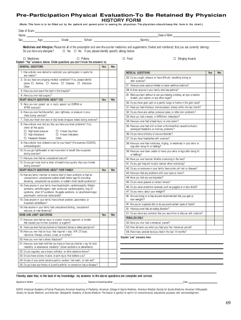 Fillable Online Pre-Participation Physical Evaluation-To Be Retained By ...