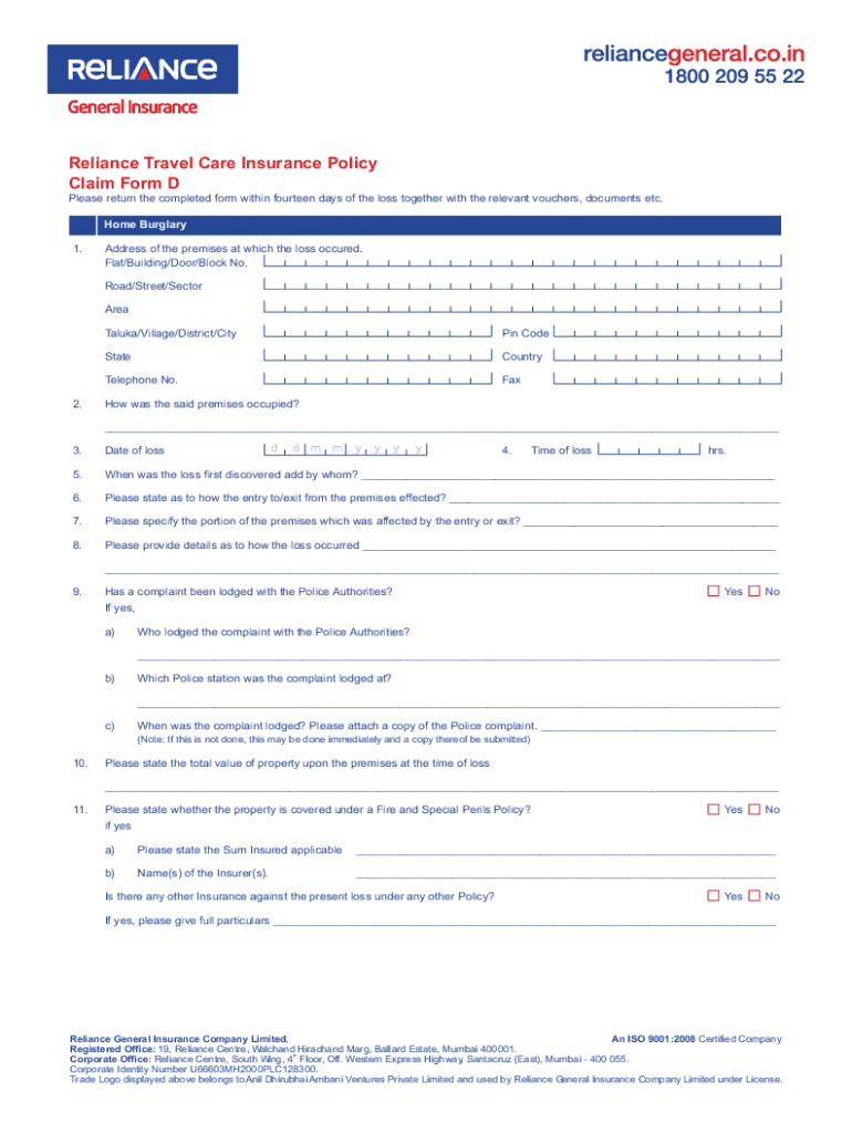 Fillable Online Reliance Inland Travel Care Policy Claim Form For Group ...