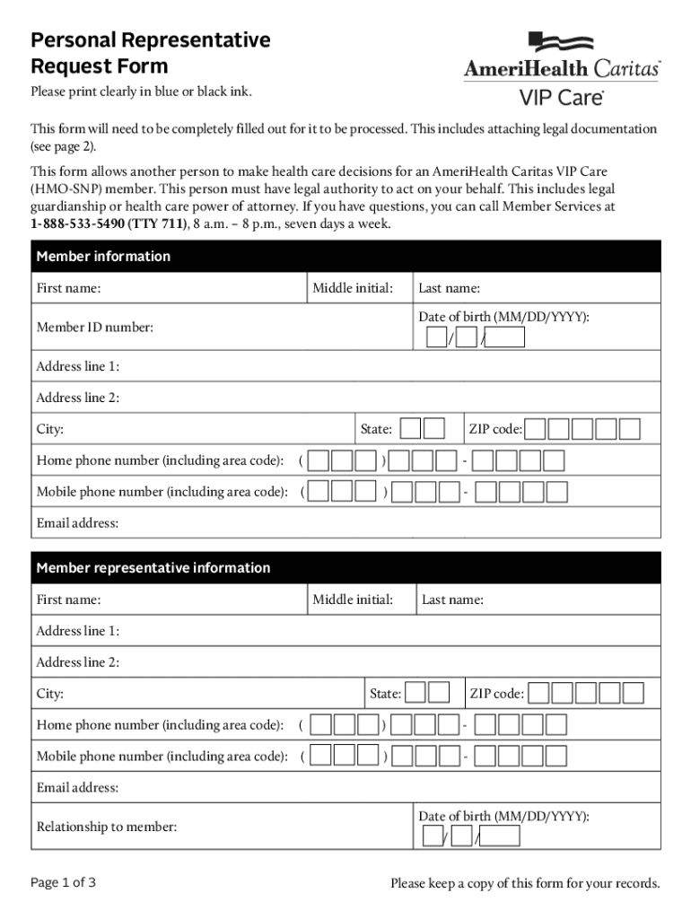 Fillable Online Personal Representative Request Form - AmeriHealth Caritas VIP Care. Personal ...