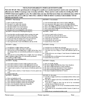Fillable Online NECK PAIN DISABILITY INDEX QUESTIONNAIRE PLEASE READ ...